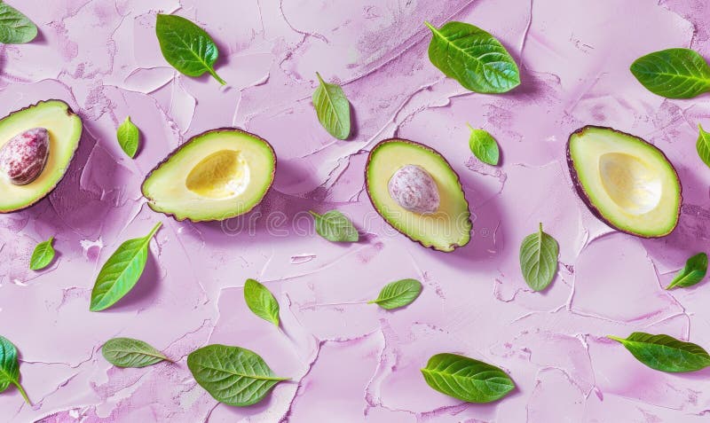 Whole Avocado and Slices with Leaves on a Pastel Purple Background ...