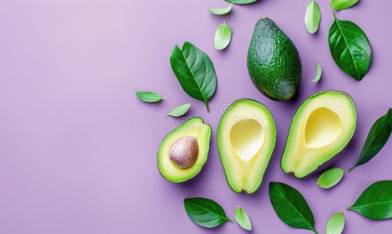 Whole Avocado and Slices with Leaves on a Pastel Purple Background ...