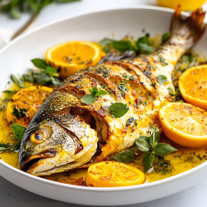 A Whole Baked Fish with Lemon, Orange, and Herbs in a White Bowl Stock ...