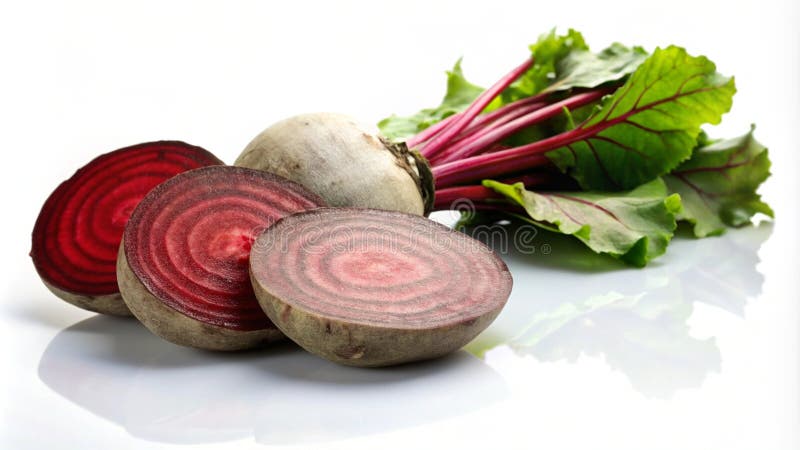 A Whole Beetroot with Two Sliced Pieces on a White Surface, with Green ...