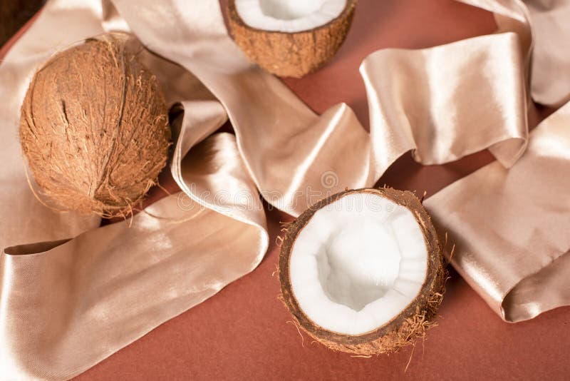 Whole and Broken Coconuts and Ribbons Stock Image - Image of natural ...