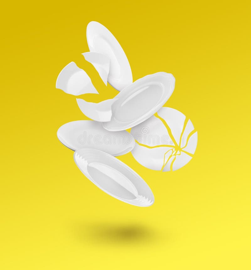 Whole and Broken Plates Falling on Yellow Background Stock Image ...