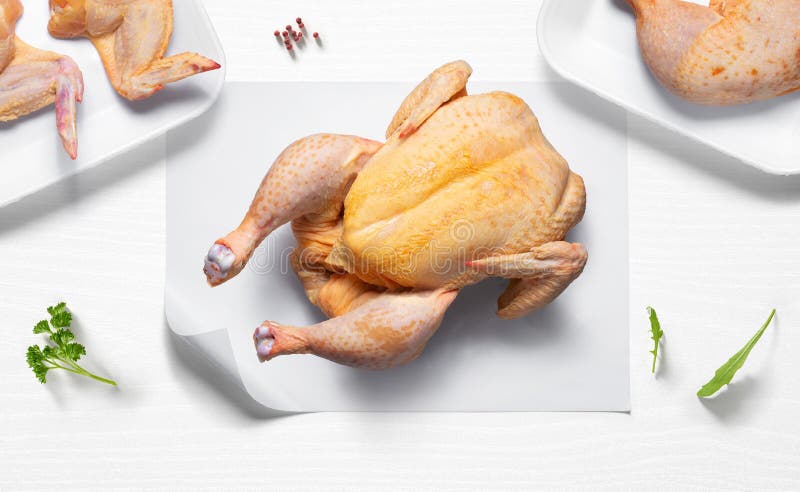 Whole Chicken on a Flat Lay of a Kitchen with Chicken Pieces Stock ...