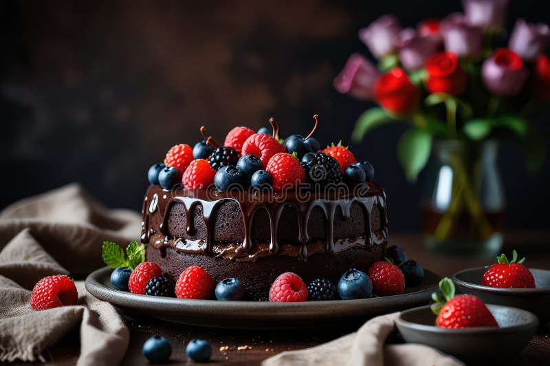 Whole Chocolate Cake with Mixed Berries and Chocolate Ganache Ai ...