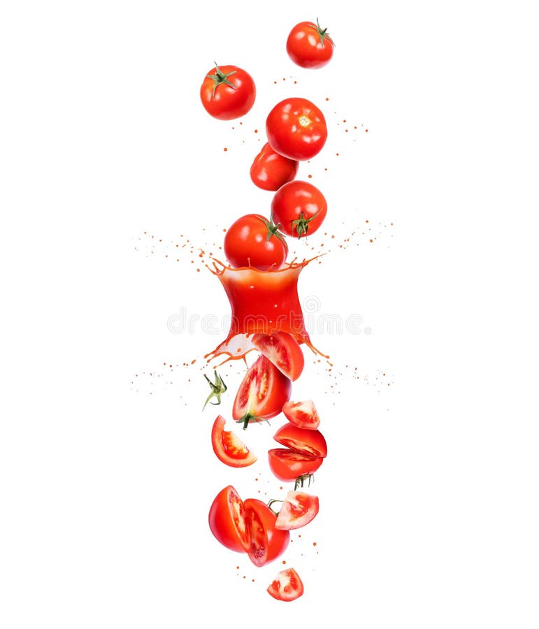 Whole and Chopped Fresh Tomatoes are Falling Down through Splashes of ...