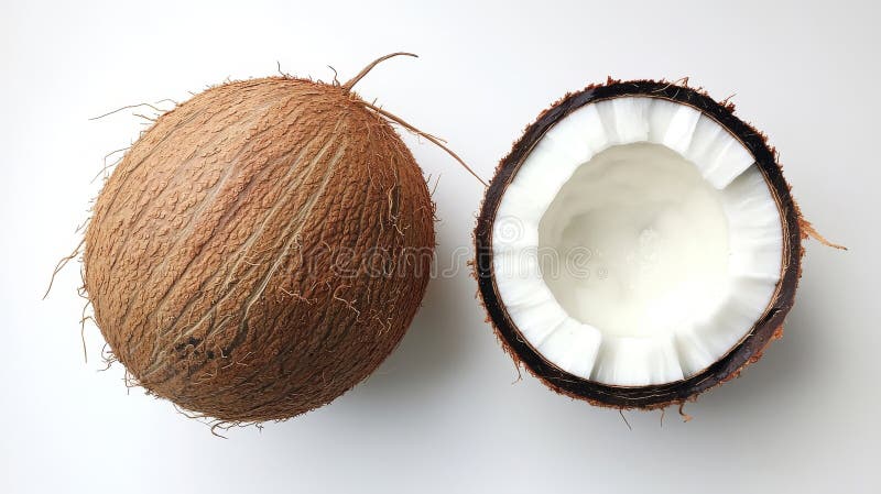 A Whole Coconut and a Half Coconut are Shown in Isolation with Detailed ...