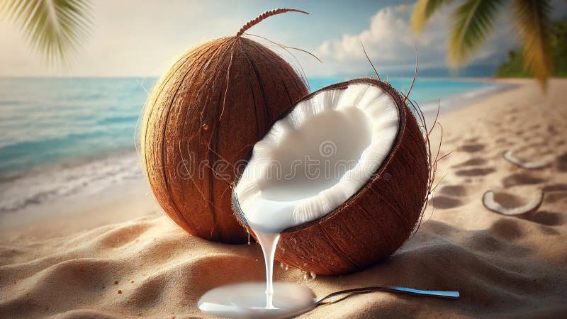 A Whole Coconut and a Halved Coconut with Fresh Coconut Water Dripping ...
