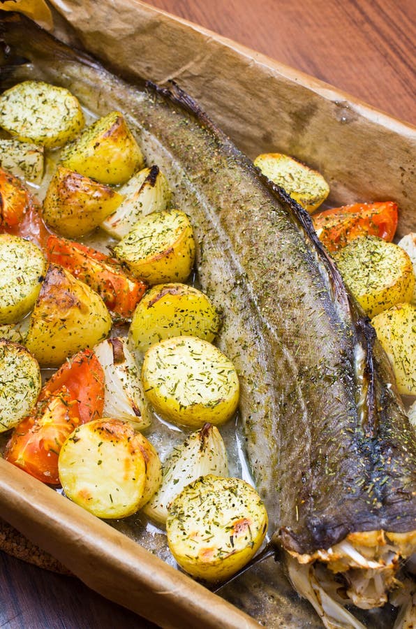 Whole cod with vegetables stock photo. Image of onion - 53089520