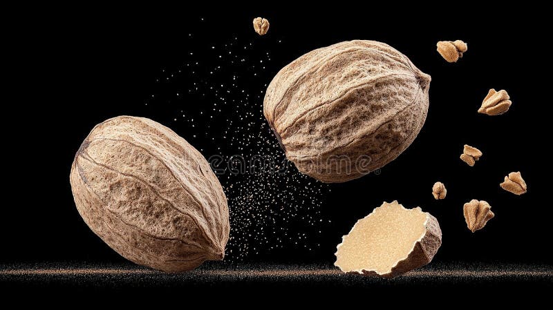 Whole and Cracked Nut with Pieces Falling on Black Background for ...