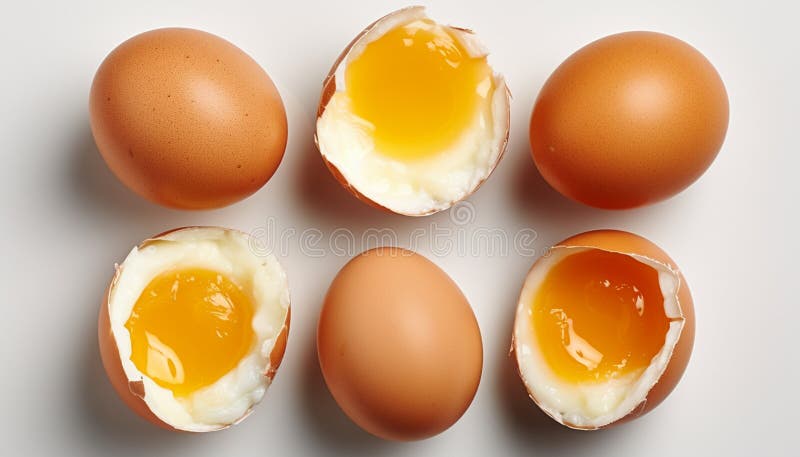 Whole and Cracked Open Eggs with Yolks on White Surface Stock ...