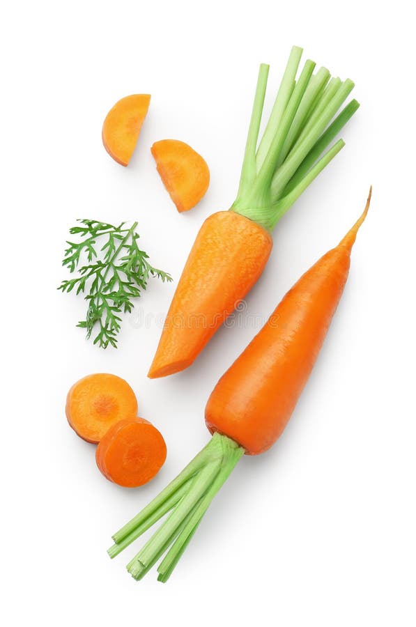Whole and Cut Fresh Carrots Isolated on White, Top View Stock Photo ...