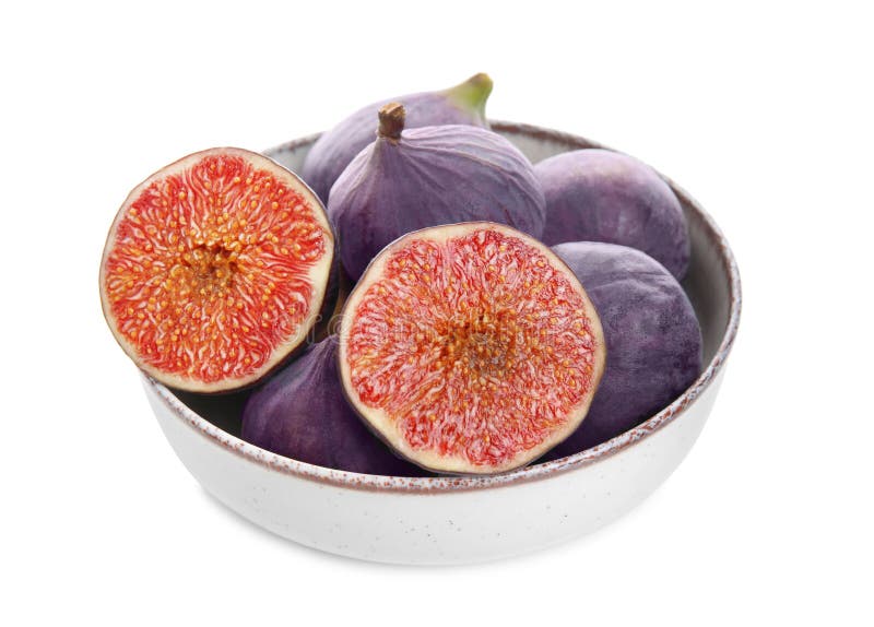 Whole and Cut Fresh Purple Figs in Bowl Isolated on White Stock Photo ...