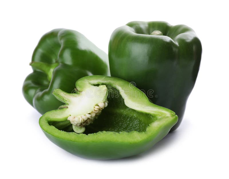 Whole and Cut Green Bell Peppers on White Stock Image - Image of ...