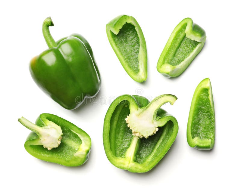 Whole and Cut Green Bell Peppers on White, Top View Stock Image - Image ...
