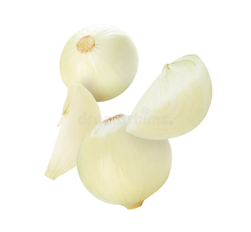 Whole and Cut Onion Bulbs Falling on White Background Stock Photo ...