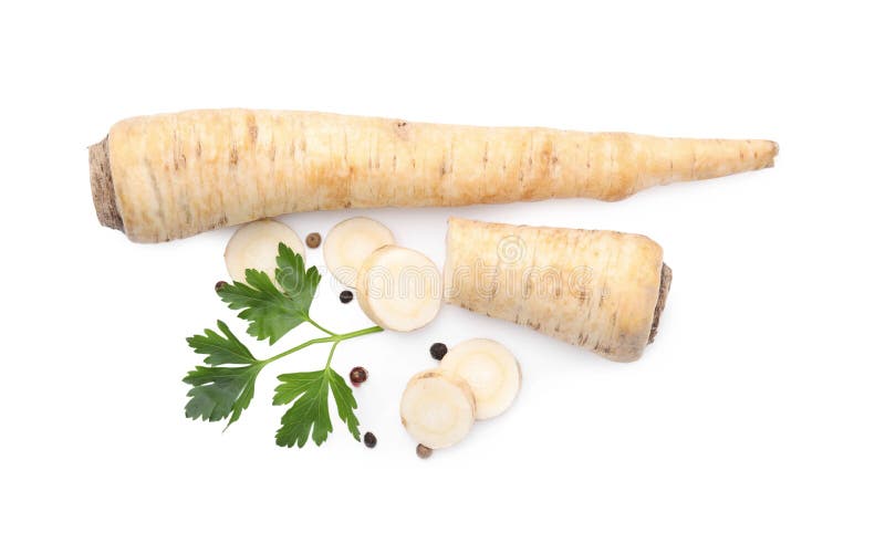 Whole and Cut Raw Parsley Roots, Fresh Herb Isolated on White Stock ...