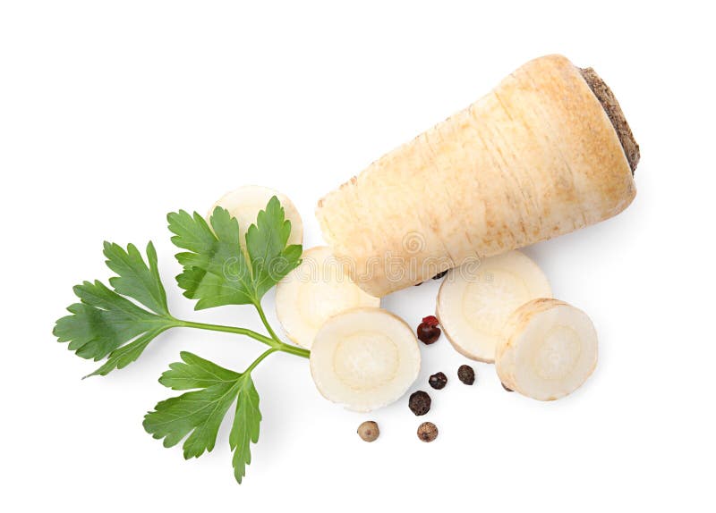Whole and Cut Raw Parsley Root, Fresh Herb Isolated on White Stock ...