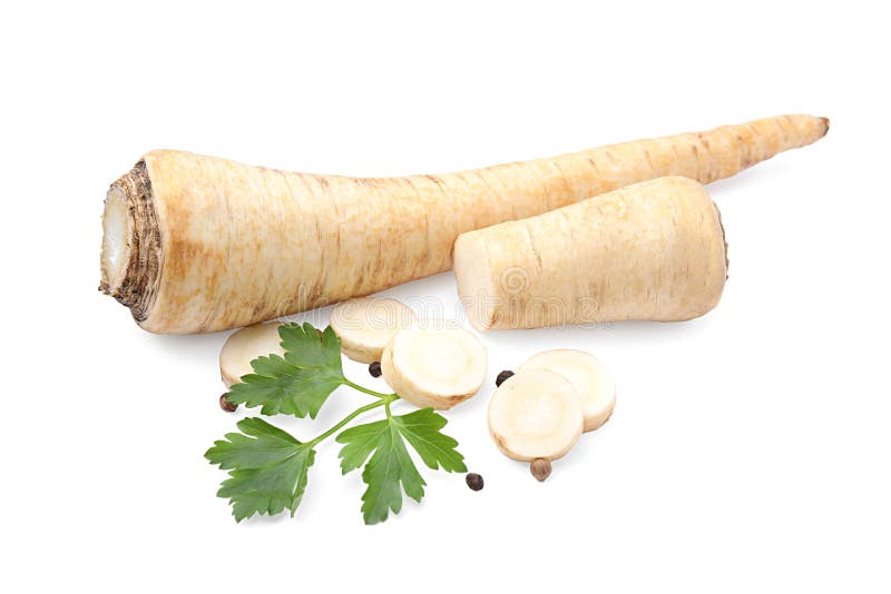 Whole and Cut Raw Parsley Roots, Fresh Herb Isolated on White Stock ...