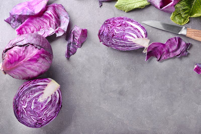 Whole and Cut Red Cabbage on Grey Table Stock Image - Image of ...