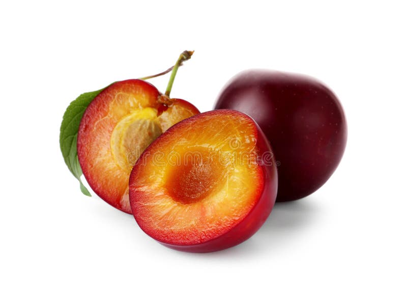 Whole and Cut Ripe Plums Isolated on White Stock Photo - Image of food ...