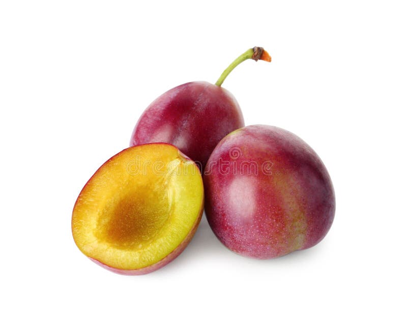 Whole and Cut Ripe Plums Isolated on White Stock Image - Image of ...