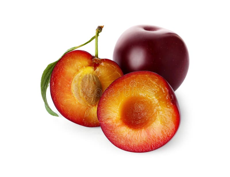 Whole and Cut Ripe Plums Isolated on White Stock Photo - Image of ...