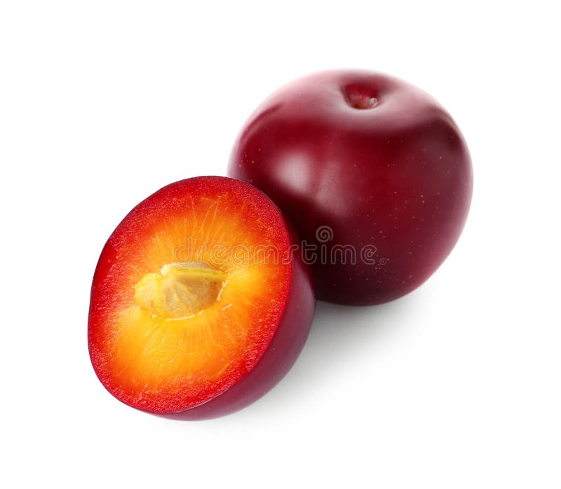 Whole and Cut Ripe Plums Isolated on White Stock Image - Image of ...