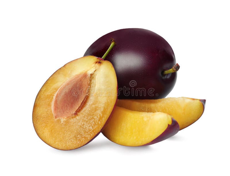 Whole and Cut Ripe Plums on White Background Stock Image - Image of ...