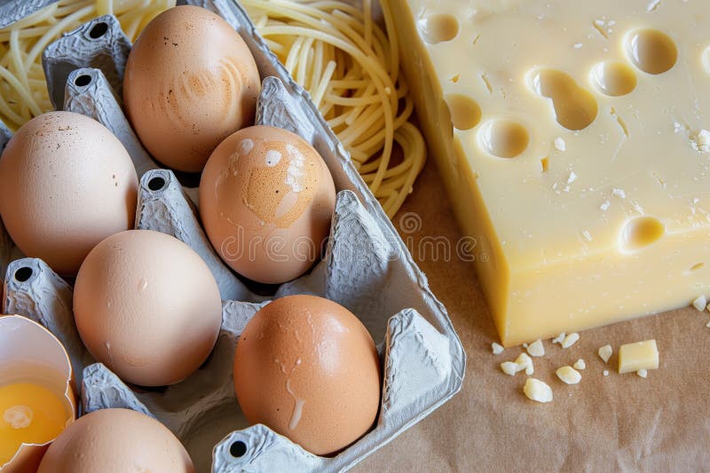 Whole Eggs in Carton beside a Heap of Spaghetti and a Block of Cheese ...