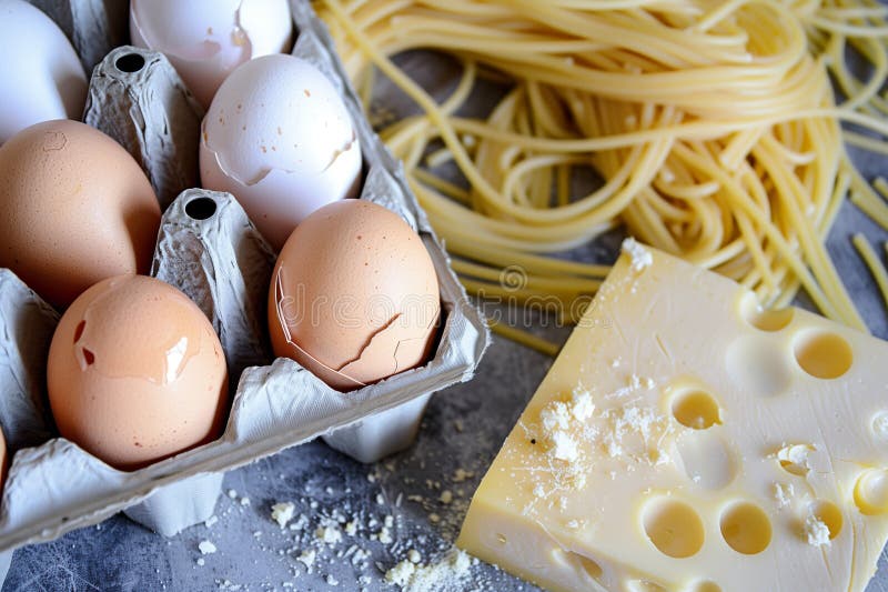 Whole Eggs in Carton beside a Heap of Spaghetti and a Block of Cheese ...