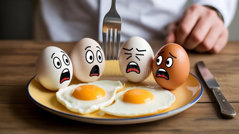 Whole Eggs with Scared Faces Watching Egg Yolk Being Cracked Over Fried Eggs on White PlateAI ...