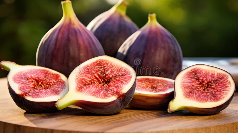 Whole Figs and One Fig Sliced in Half on Top of a Teak Garden Table ...