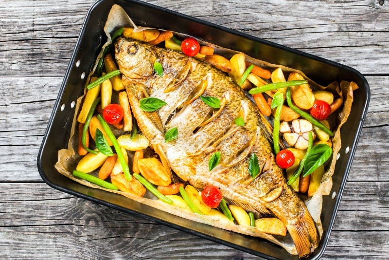 Whole Fish Baked in a Baking Dish, Top View Stock Image - Image of ...