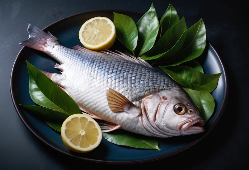 A Whole Fish with Scales, Head, and Tail on a Dark Plate Stock ...