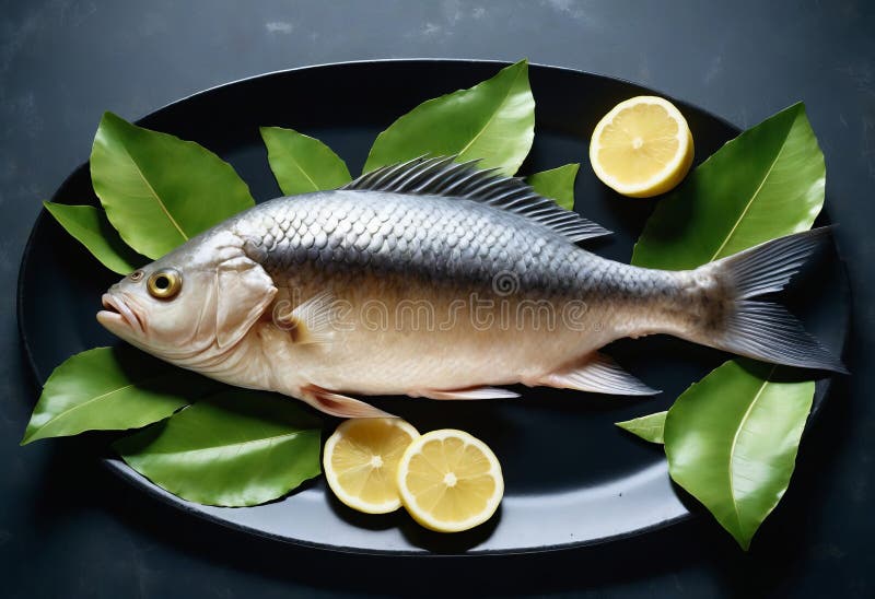 A Whole Fish with Scales, Head, and Tail on a Dark Plate Stock ...
