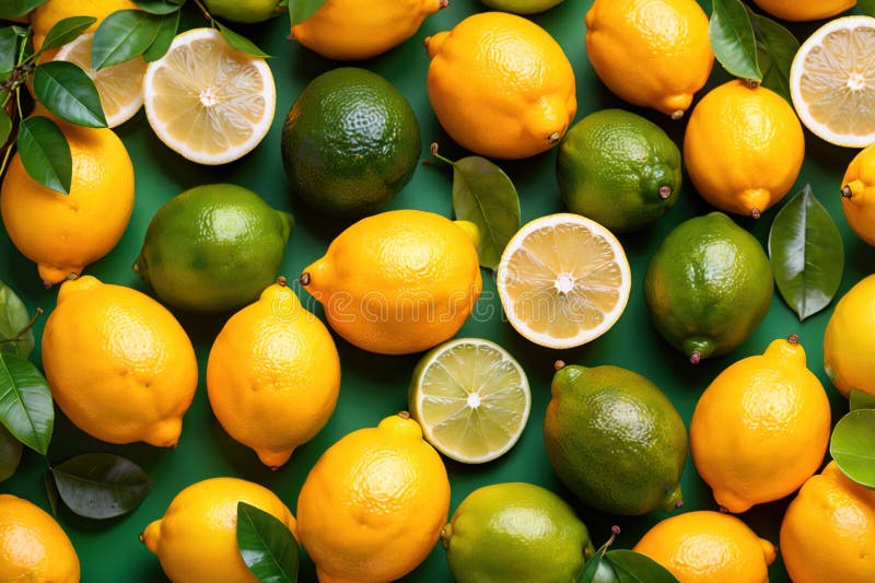 Whole Fresh Lemons and Limes with Leaves, Background Pattern Backdrop ...