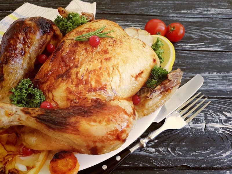Whole Fried Chicken Glazed, Dinner Garlic Homemade Cooked on Wooden ...