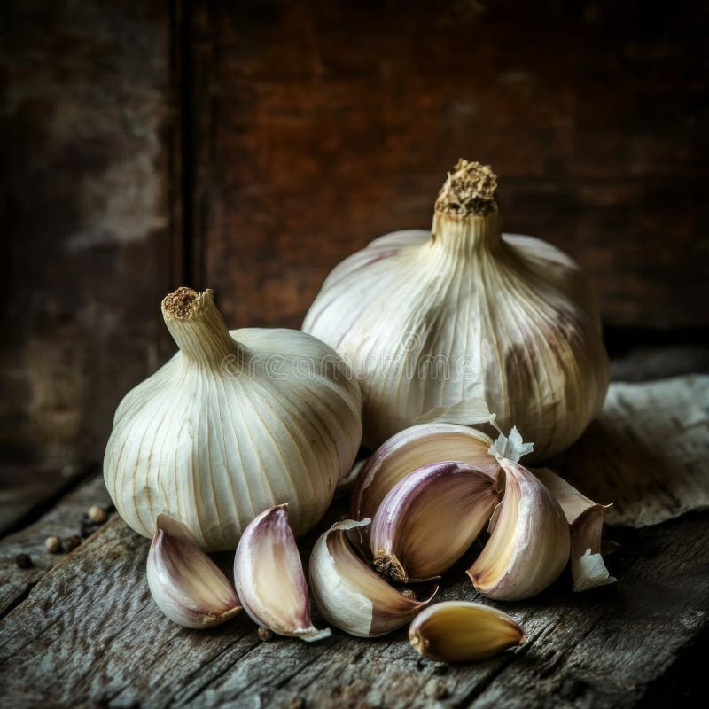 Whole Garlic Bulbs and Cloves on Rustic Wooden Surface Stock ...