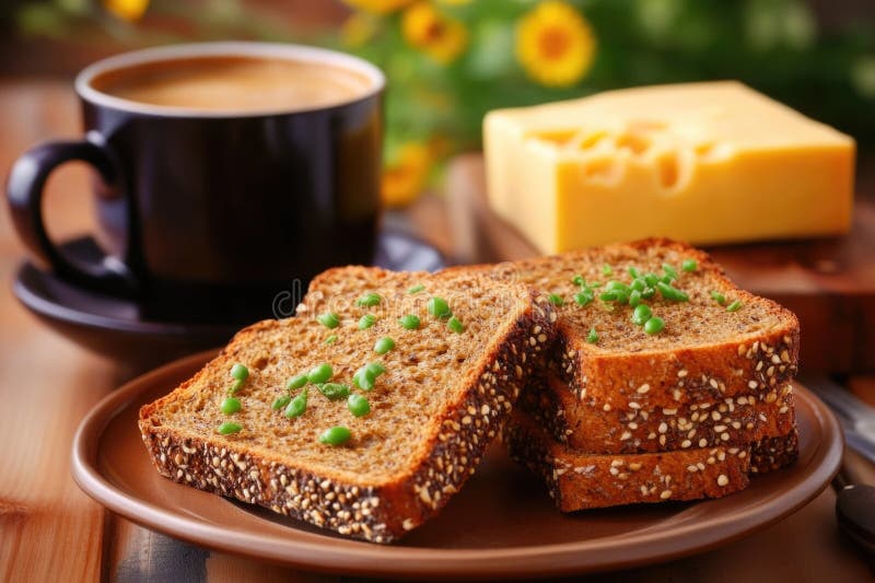 Whole Grain Bread with Green Chives and Coffee, Cheese Block in ...