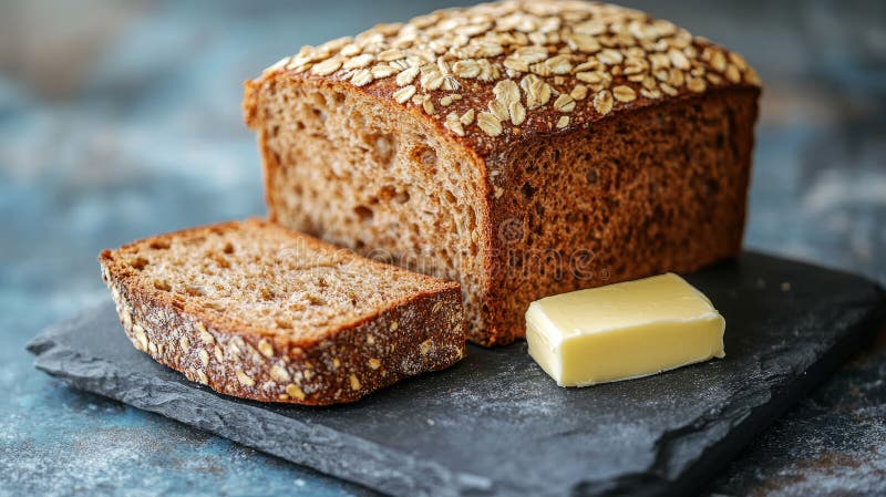 Whole Grain Bread Loaf with a Slice and Butter on Slate Stock Photo ...