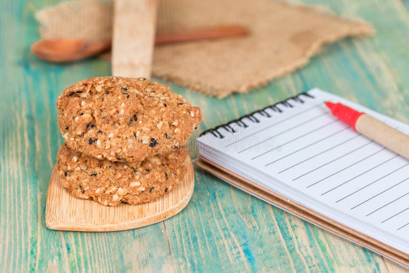 Whole Grain Cookie with Note Book on Table Stock Photo - Image of note ...