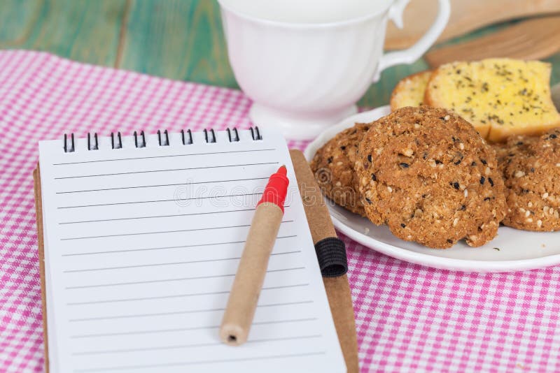 Whole Grain Cookie with Note Book on Wood Table Stock Image - Image of ...
