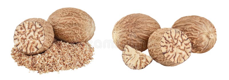 Whole and Grated Nutmeg Isolated on White Background with Full Depth of ...