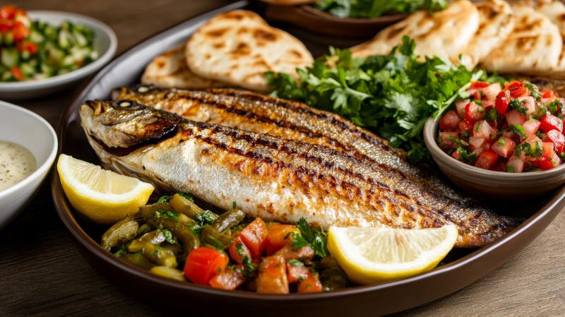 Whole Grilled Fish Served with Pickled Vegetables and Flatbread in a ...