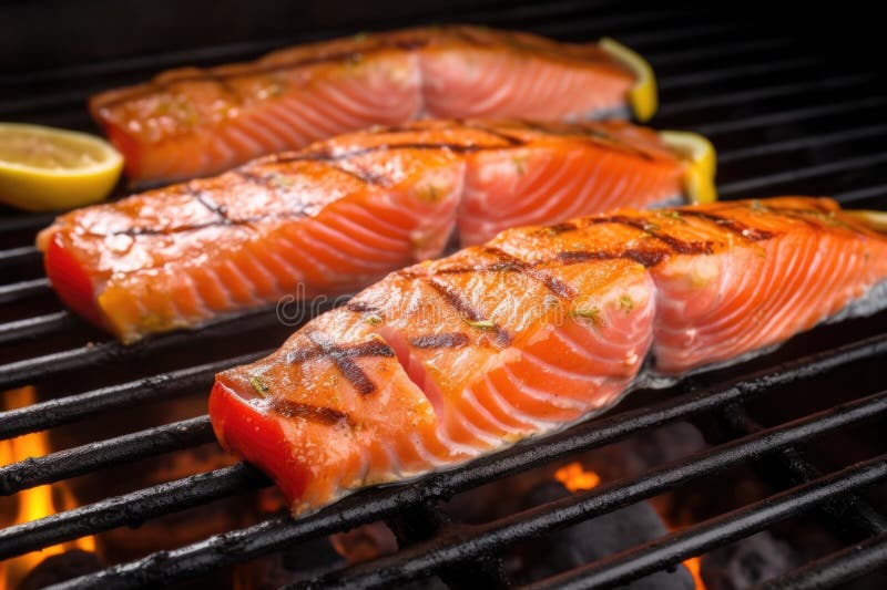 A Whole Grilled Salmon Cut into Steaks Showing Grill Marks Stock Photo ...