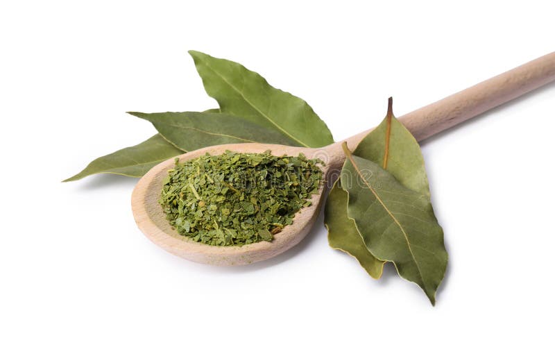 Whole and Ground Aromatic Bay Leaves on White Background Stock Photo ...