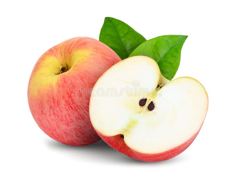 Whole and Half Apple with Green Leaves Isolated on White Stock Image ...