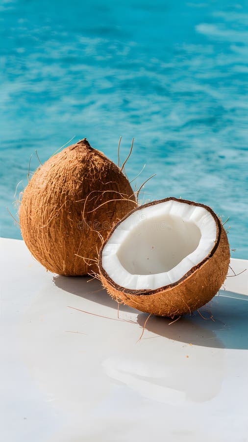 Whole and Half Coconut Presented Elegantly on a Pristine Surface Stock ...