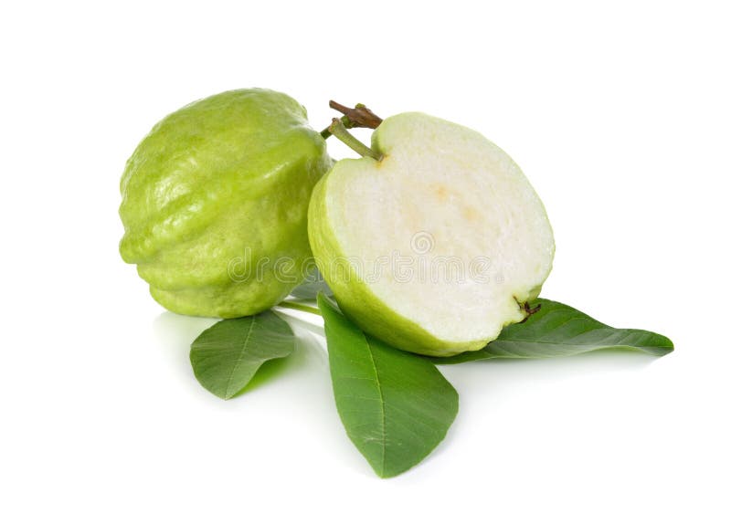 Whole and Half Cut Fresh Guava with Leaves on White Stock Image - Image ...