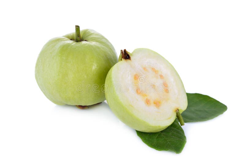 Whole and Half Cut Fresh Guava with Leaves on White Background Stock ...